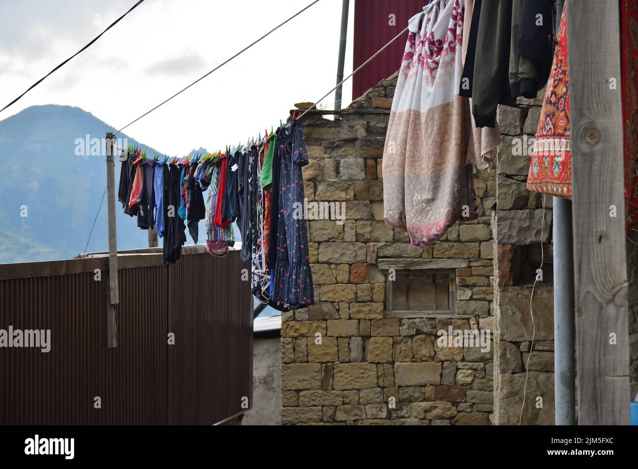 Courtyard with dried linen in village Chokh. Dagestan, Russia Stock ...