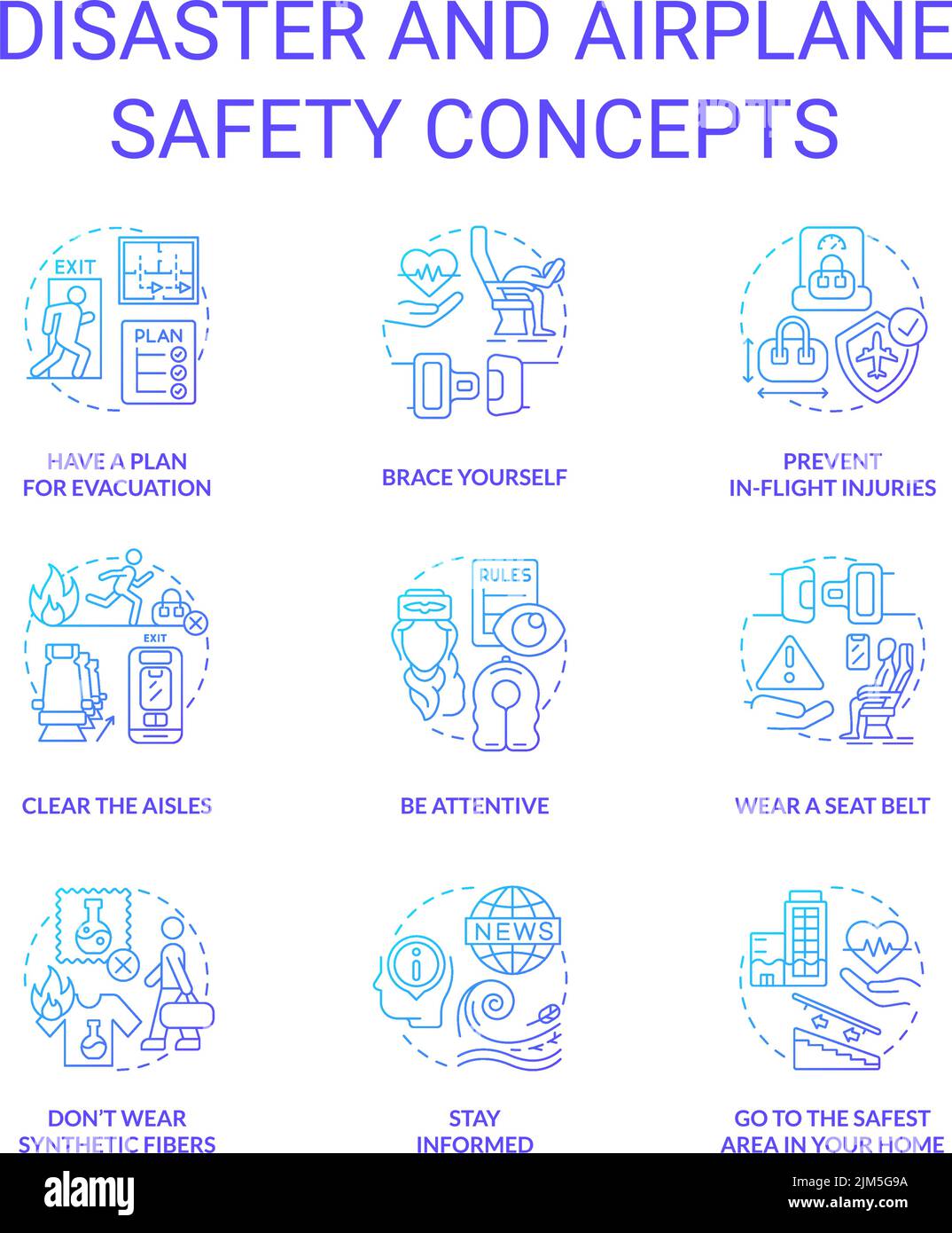 Disaster and airplane safety blue gradient concept icons set Stock ...