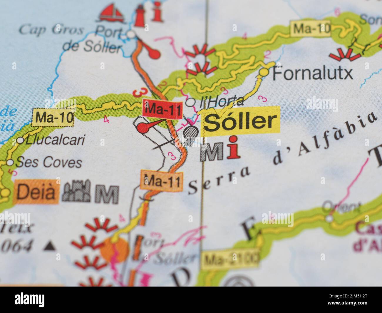 A map with the focus on the city of Soller - holiday concept Stock ...