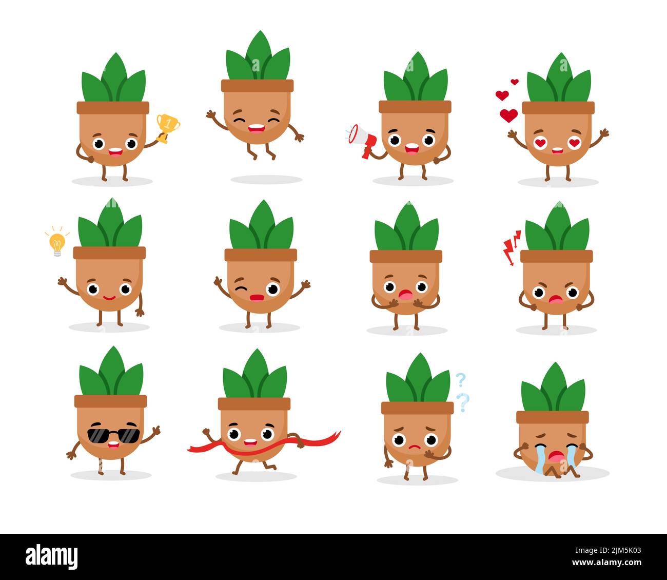 Flower pot with houseplant emoji set characters. Flat vector ...