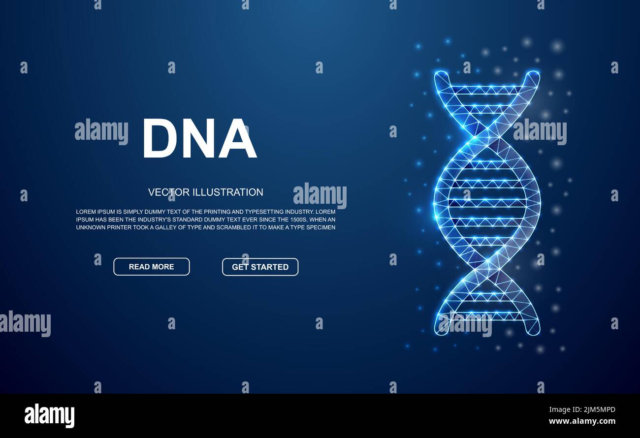 DNA spiral 3d low poly symbol with connected dots for blue landing page. Biotech design ...