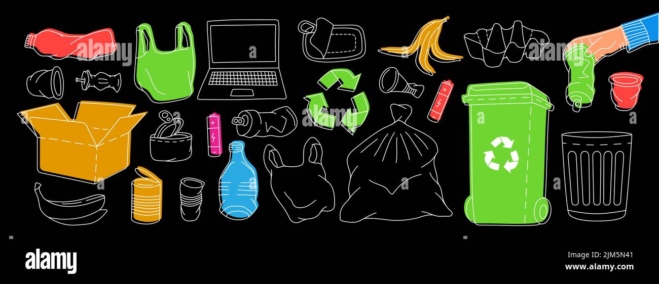 Set of different types outline garbage symbol. Plastic, glass, metal ...