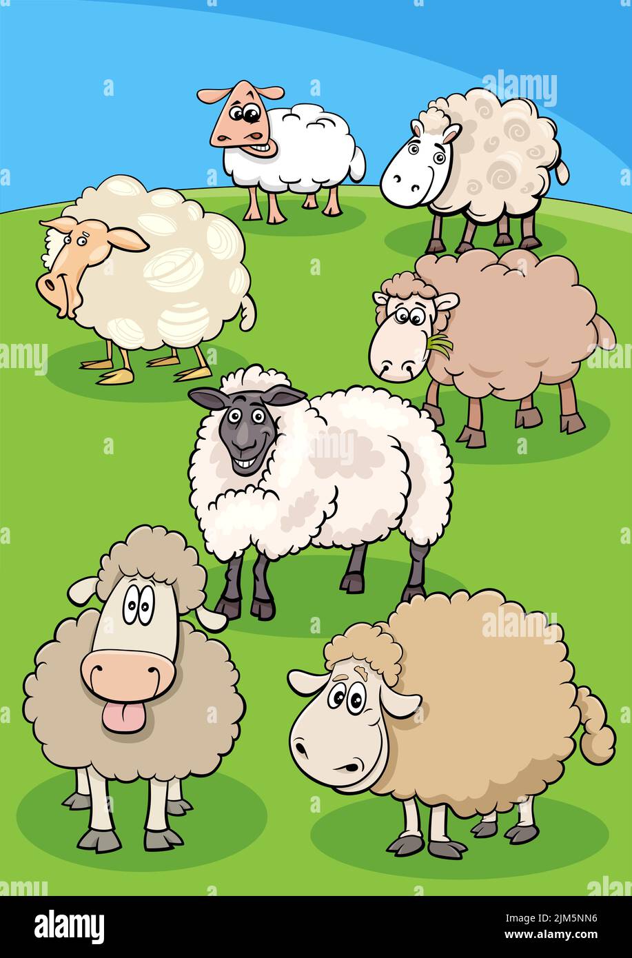 Cartoon illustration of sheep farm animal characters in the meadow ...