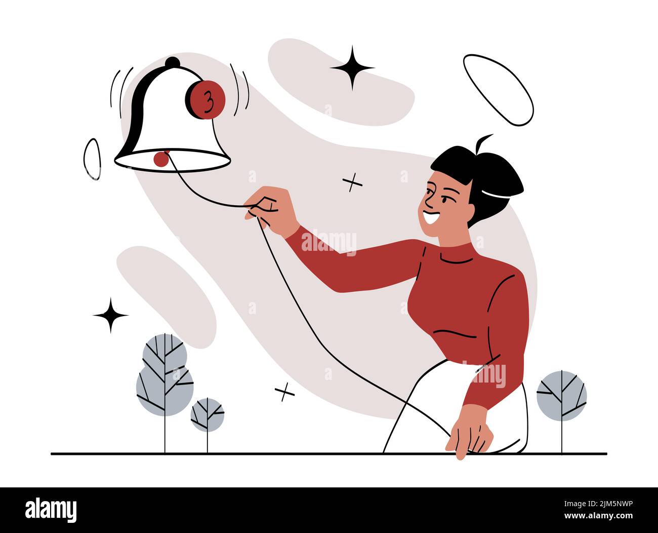 Concept of reminder. Young girl pulls bell by thread. notification and ...