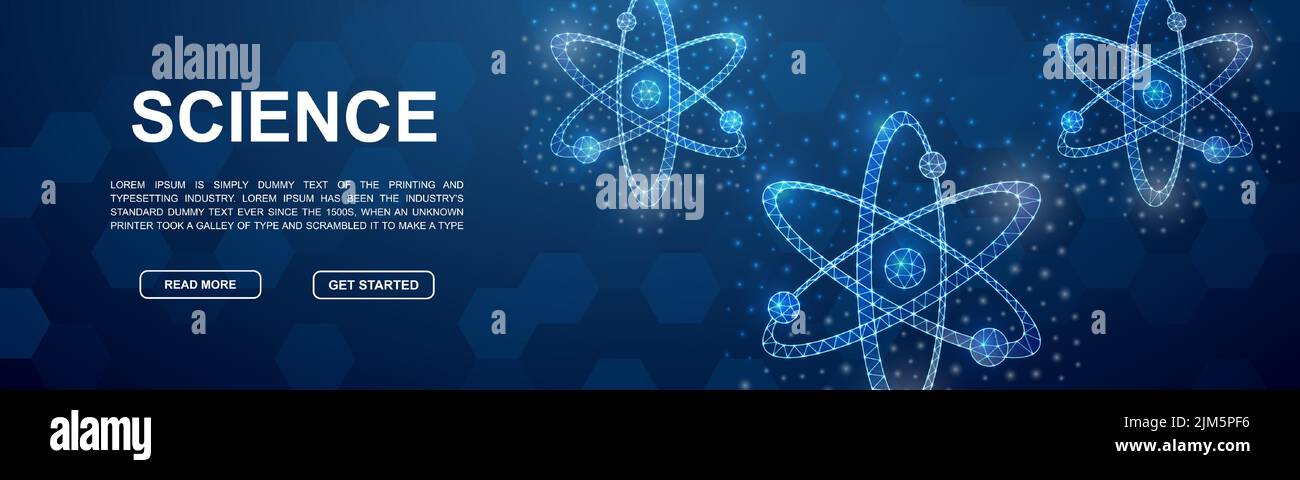 Atom polygonal horizontal banner. Atomic neutron low poly symbol for ...