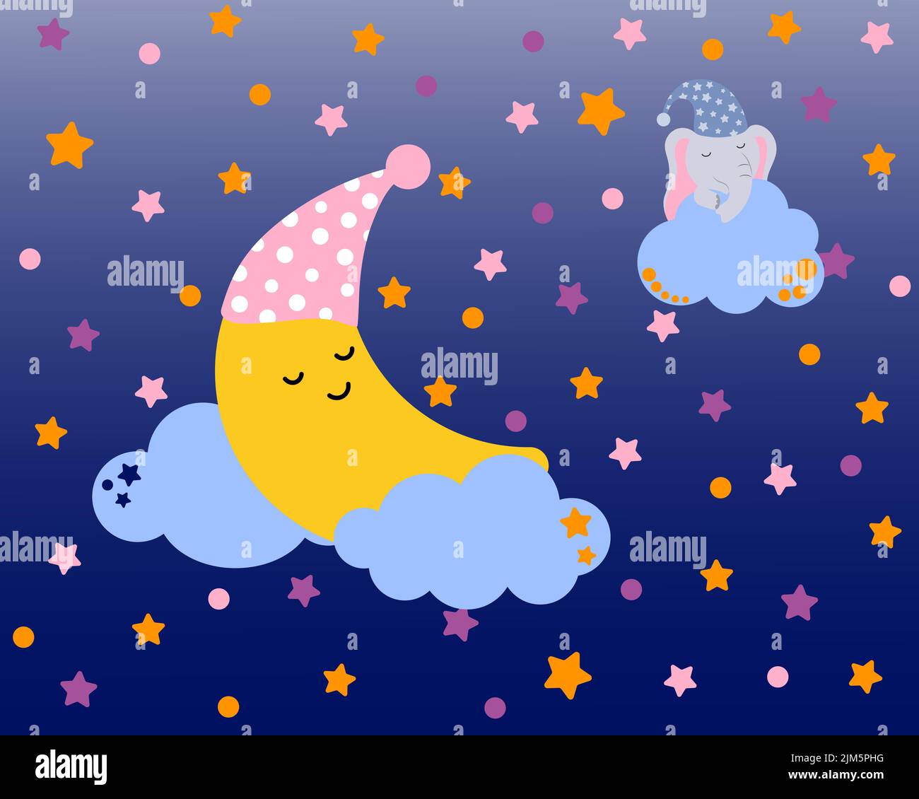 Sweet moon and baby elephant are sleeping in the clouds. Lullaby theme ...