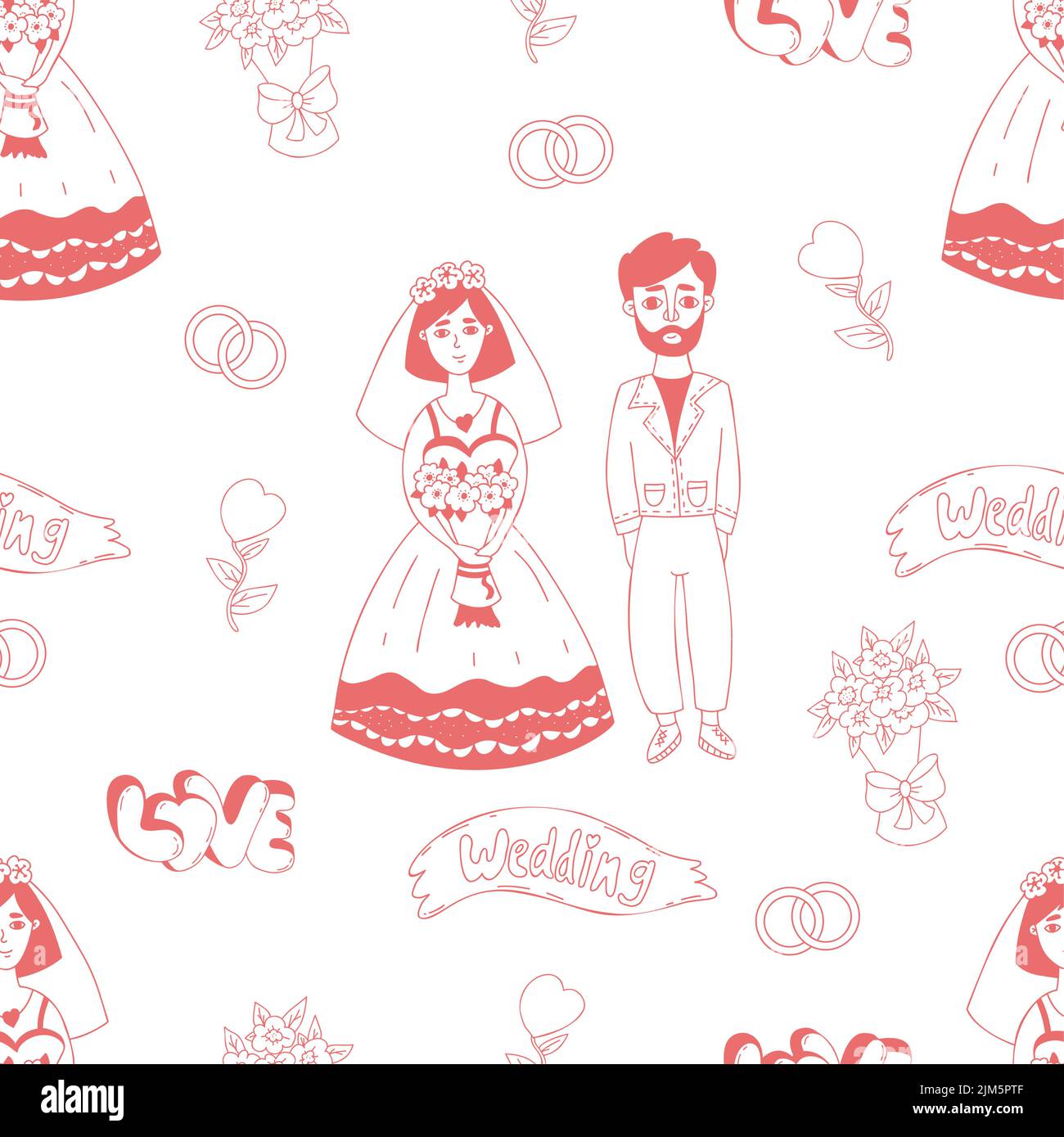 Seamless wedding pattern. Couple of newlyweds, bride and groom, hearts ...