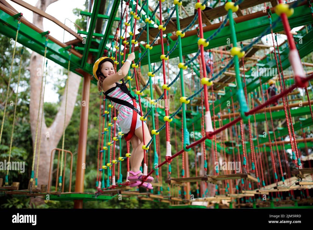 Child in forest adventure park. Kids climb on high rope trail. Agility ...