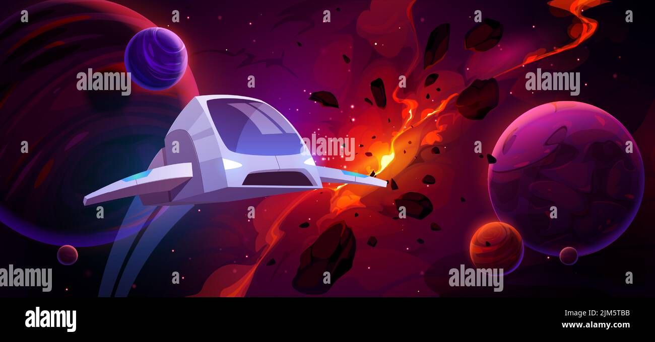 Spaceship flying in outer space with planets, explode star and glowing ...