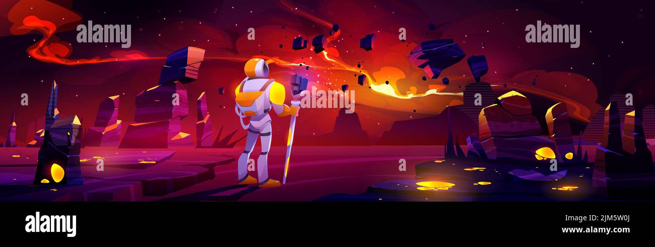 Astronaut on alien planet in far galaxy. Cosmonaut in suit and helmet ...