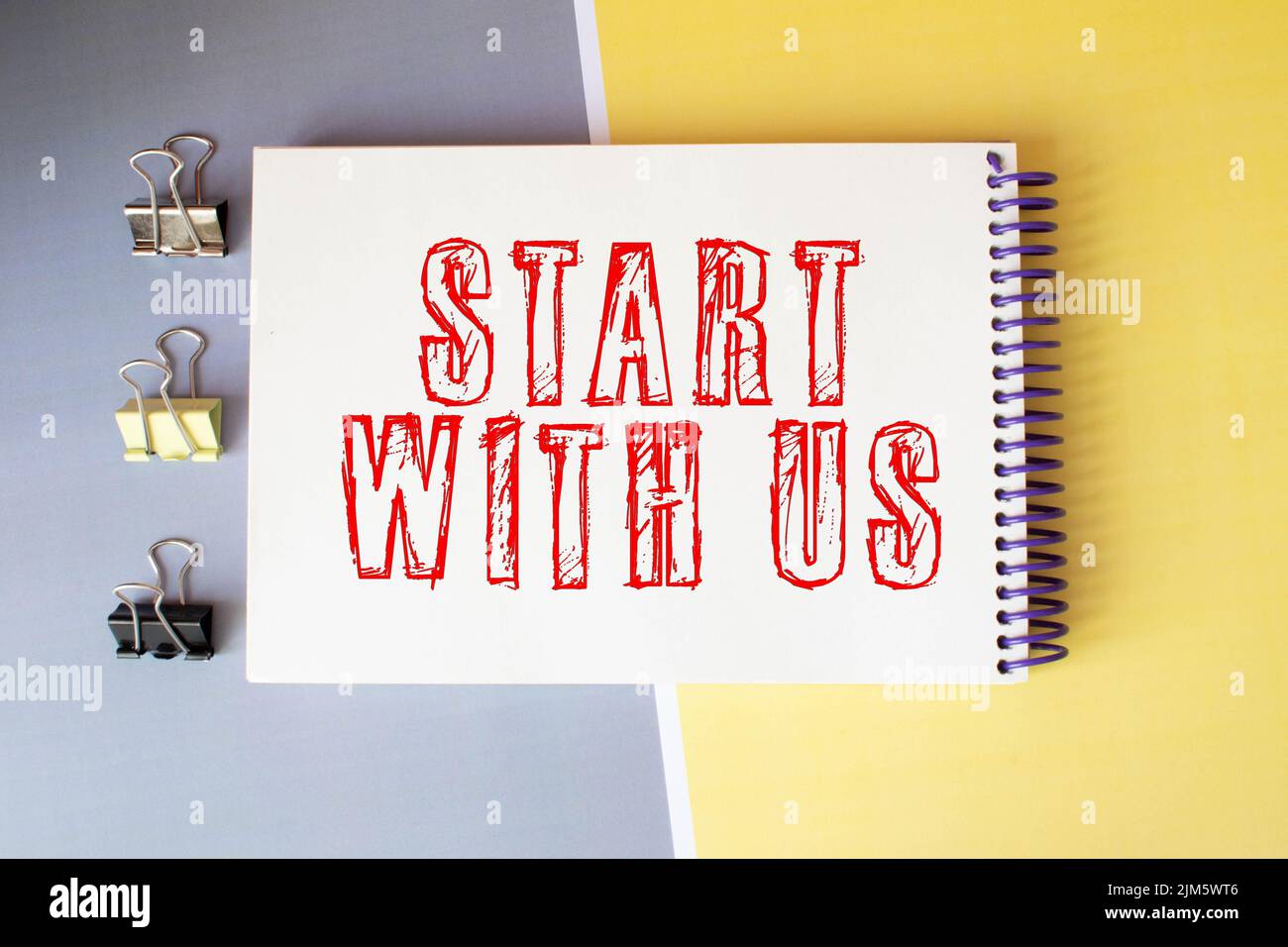 The text Let us get started with red notebook aside isolated on a white ...