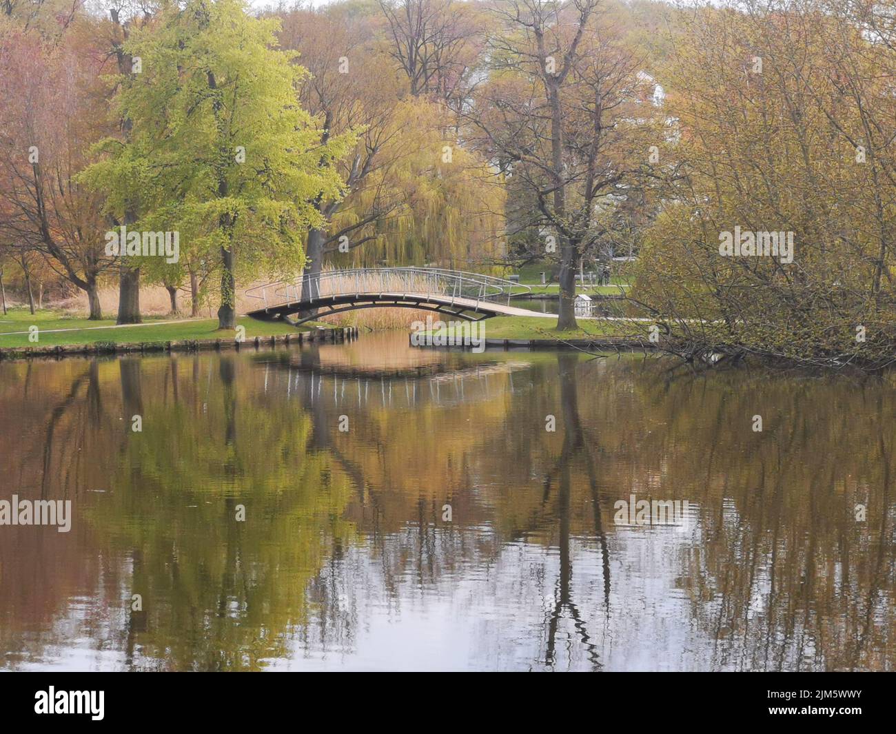 A beautiful view of an arch bridge over the lake in the park with ...