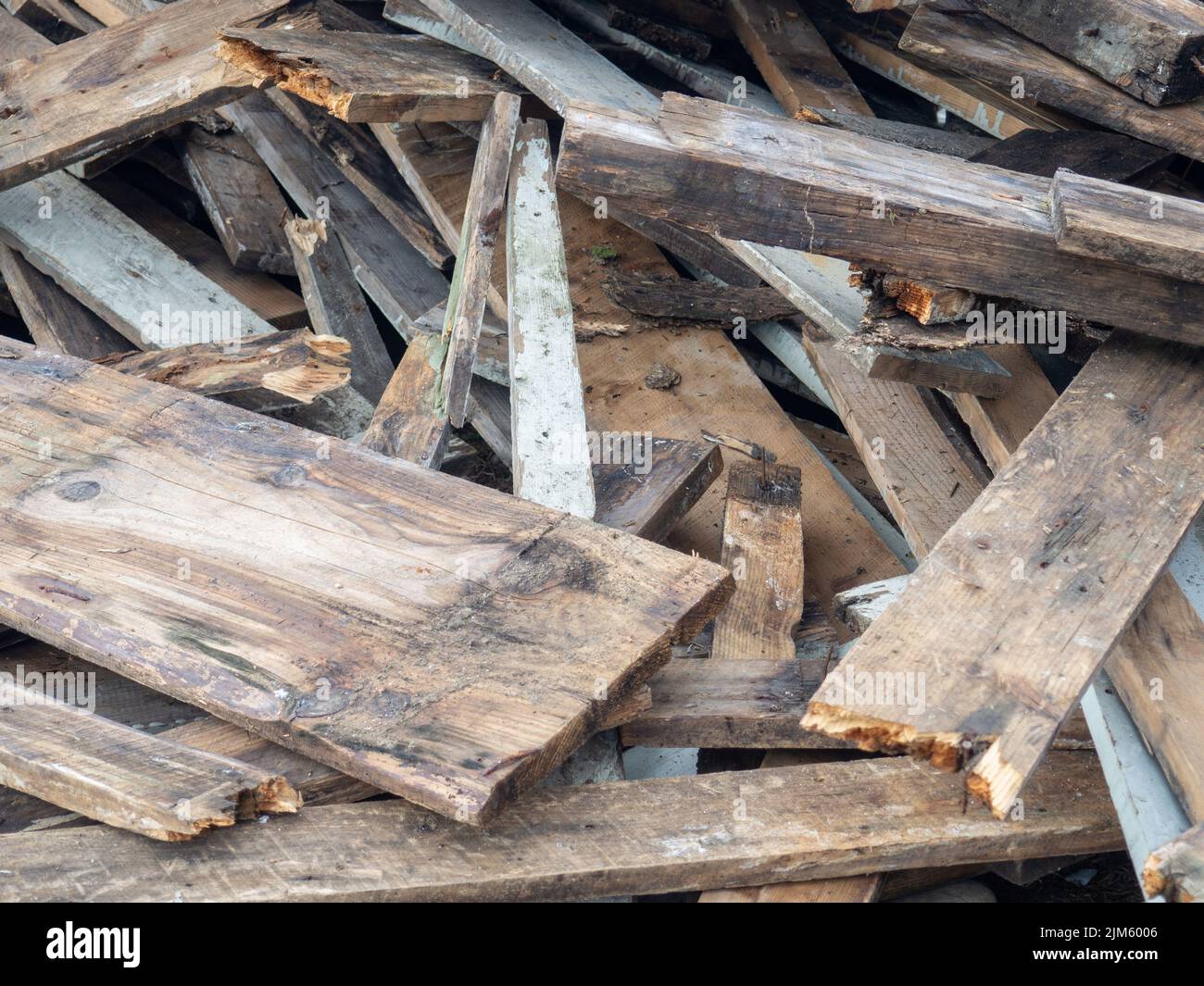 A pile of broken old boards. Lots of wood pieces. Old rotting sticks ...