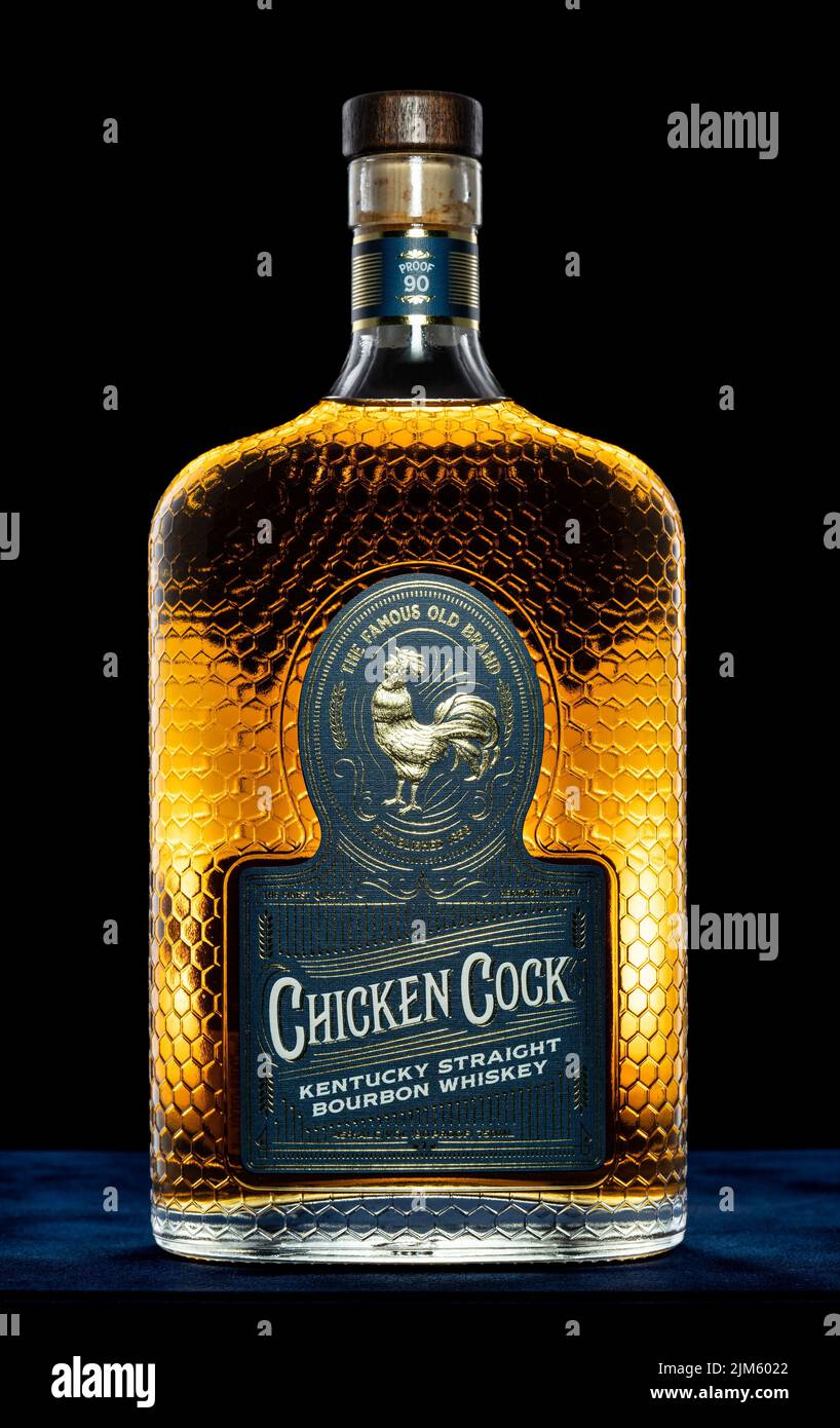 A vertical shot of a bottle of Chicken Cock Kentucky Straight Bourbon ...