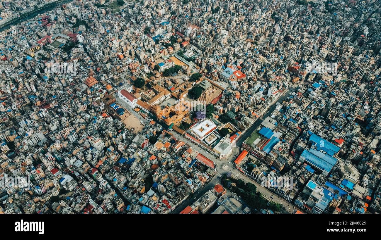 An aerial view of the Durbar Square and buildings around in bright ...
