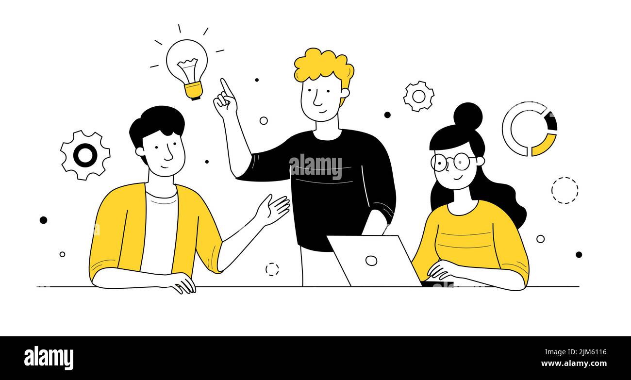 People work in office together. Concept of teamwork, brainstorm, team ...