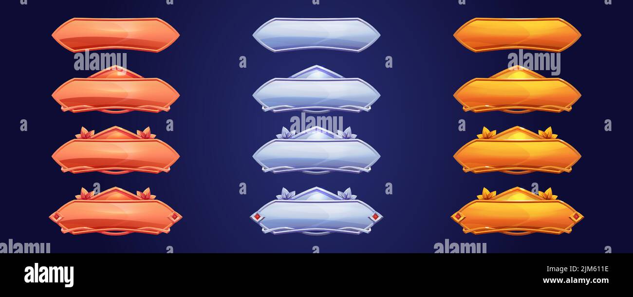 Medieval game menu frames, ui elements, buttons, plaques. Gold, silver and bronze banners with ...