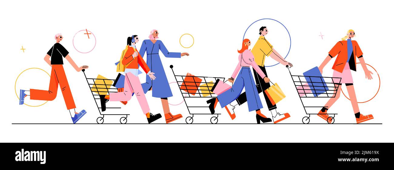 Sale run concept with happy people with shopping carts rush to store ...