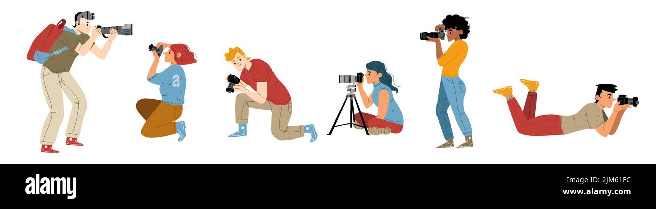 People photographers with camera take shoot in different poses. Vector ...
