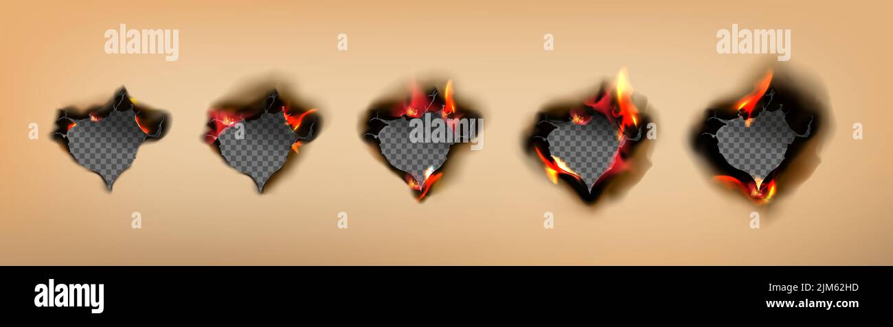Burn craft paper borders, brown burnt hole stages with smoldering fire ...