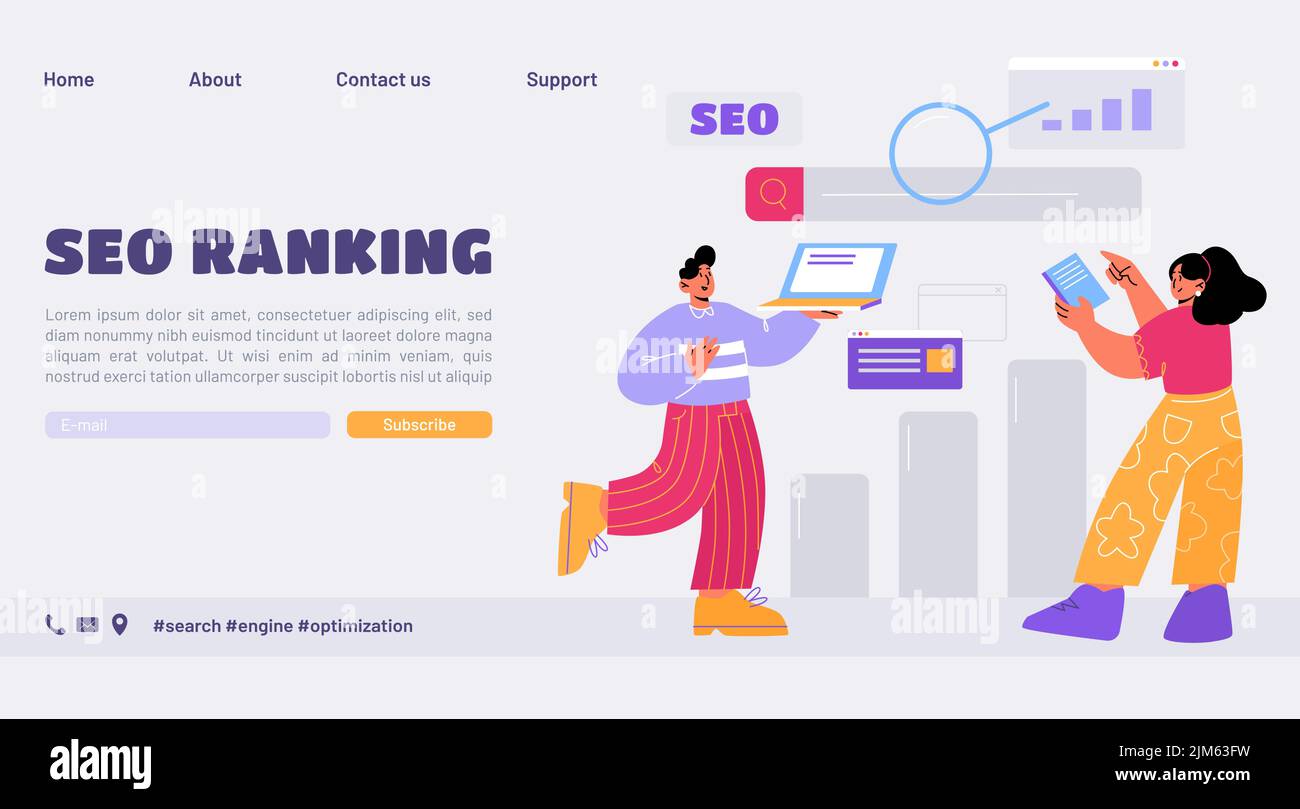 SEO ranking landing page. Business characters use search engine ...