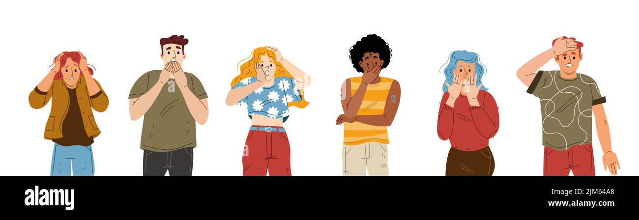 People with terrified and surprised face expression. Vector flat ...