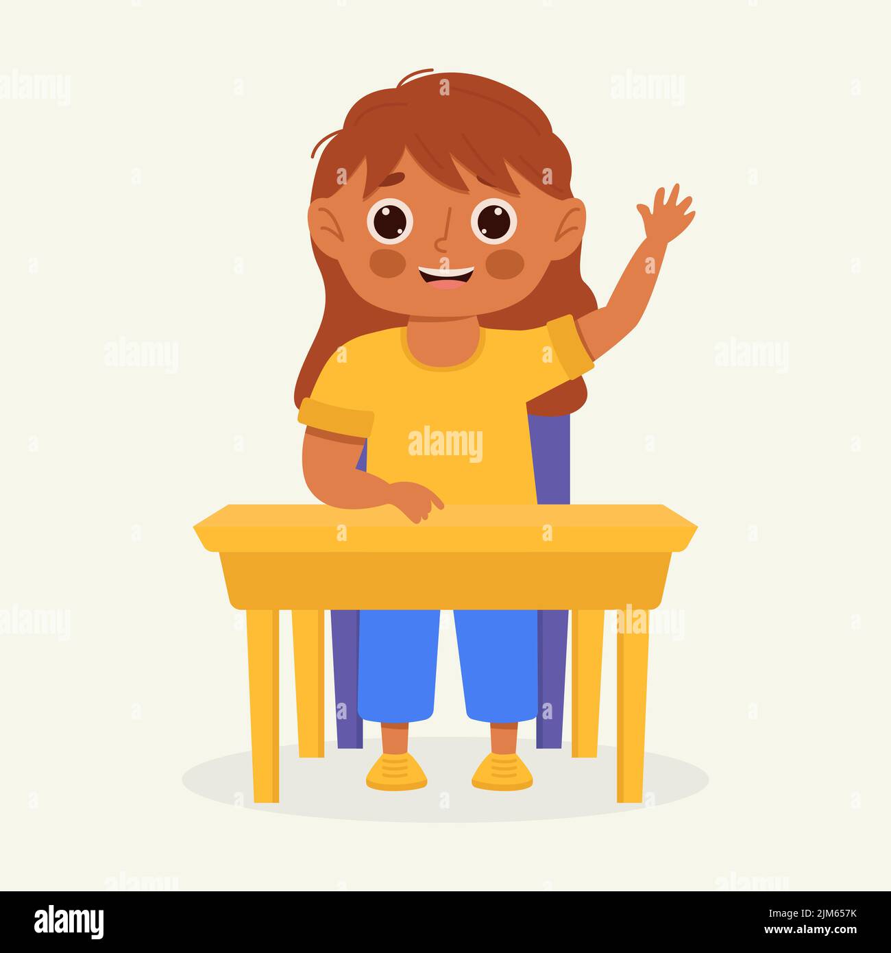 School kid with school supplies sitting at a school desk. Kid with ...