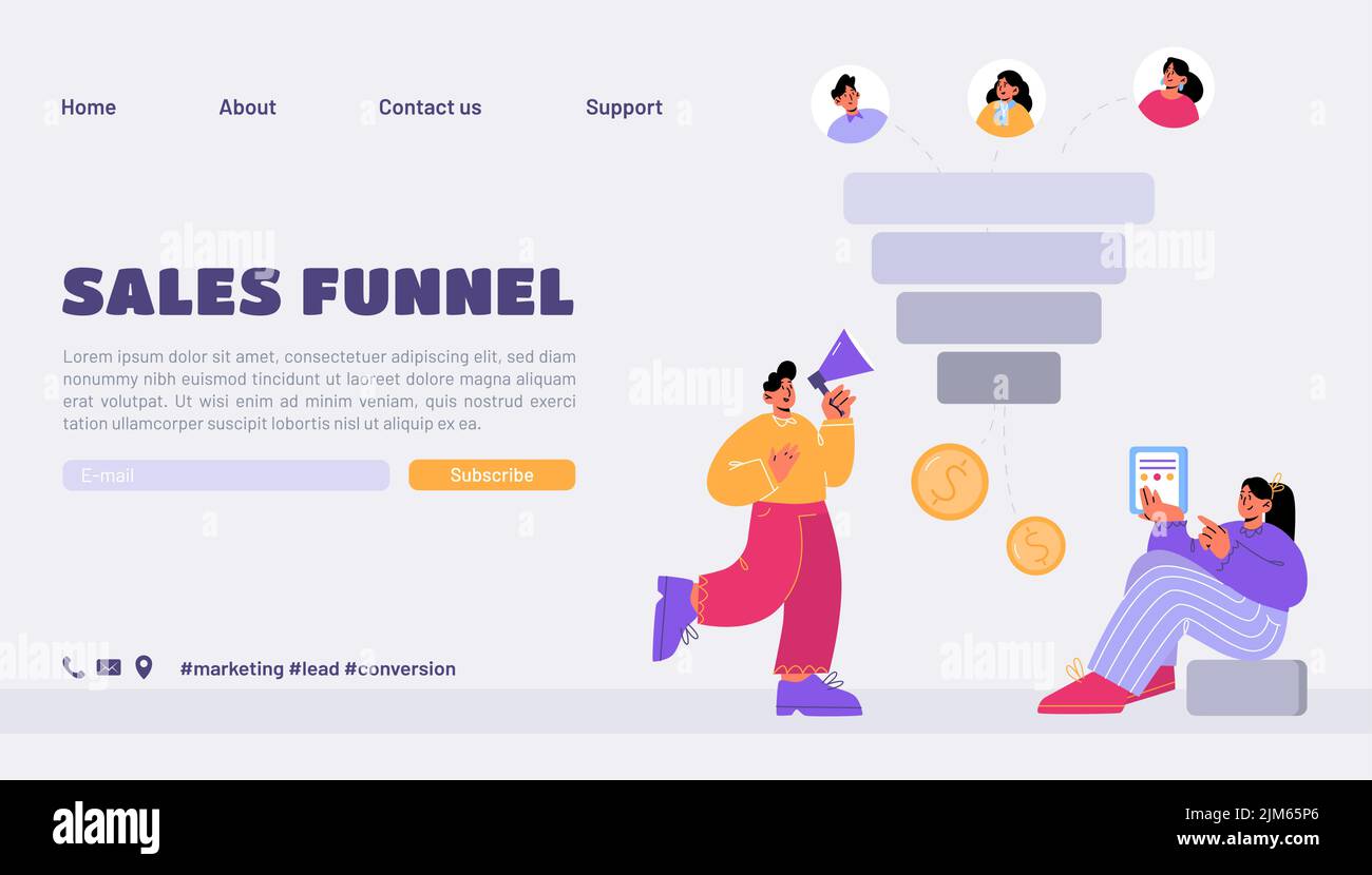 Sales funnel landing page, business characters with loudspeaker and ... Sales funnel landing page, business characters with loudspeaker and ...