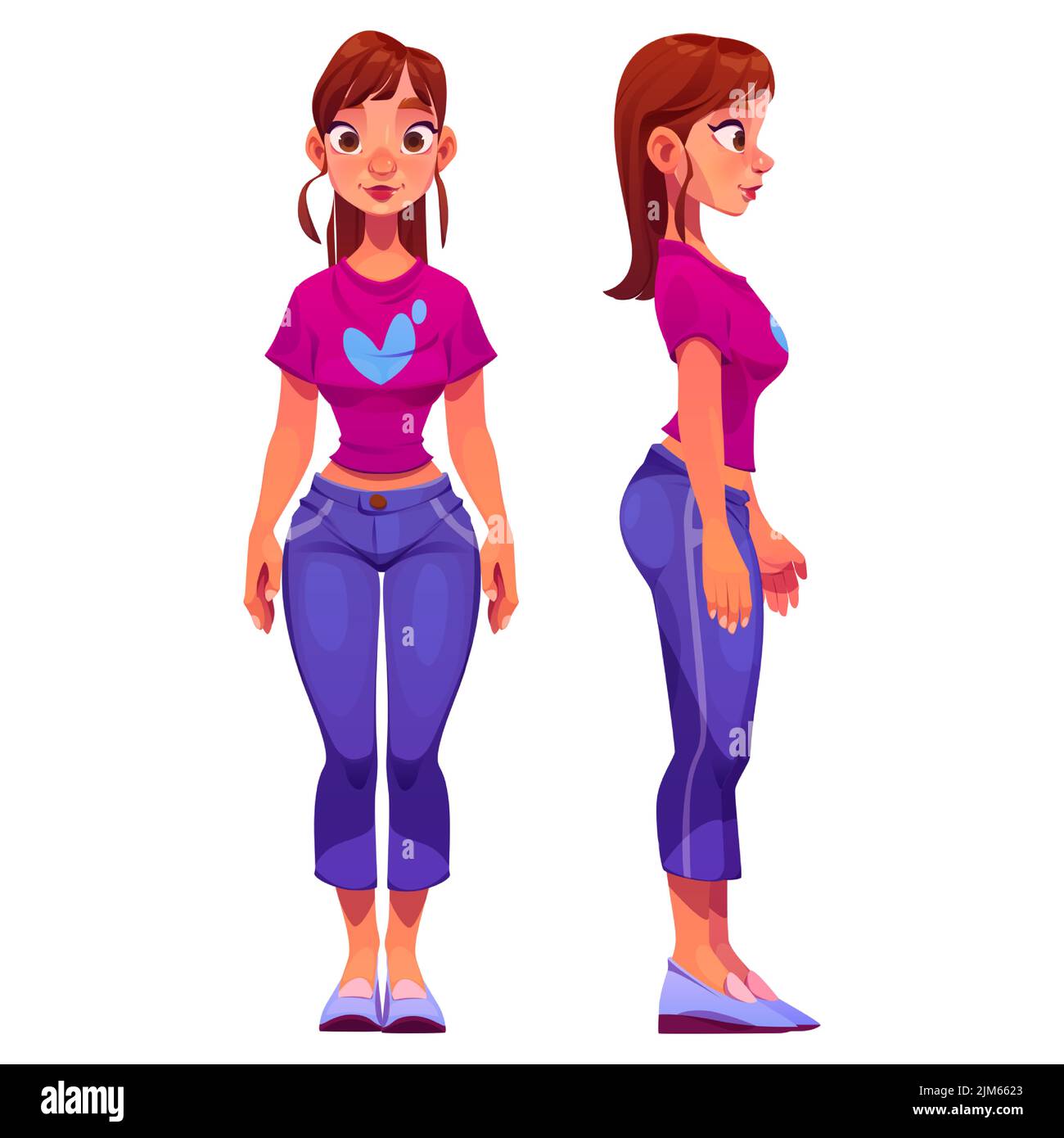Standing pretty woman in front and side view. Vector cartoon ...