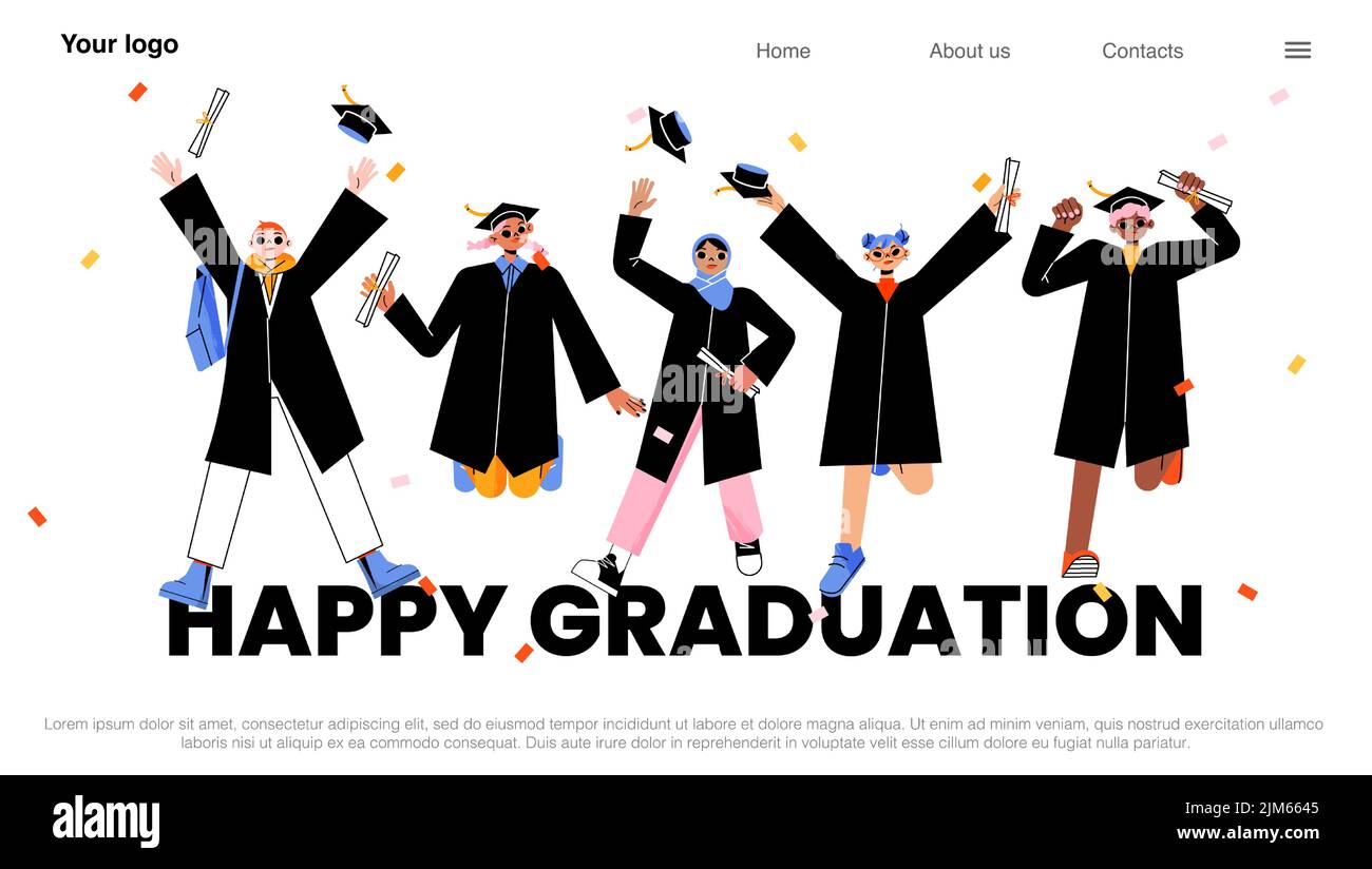 Happy graduation banner with college or university graduates jump and ...