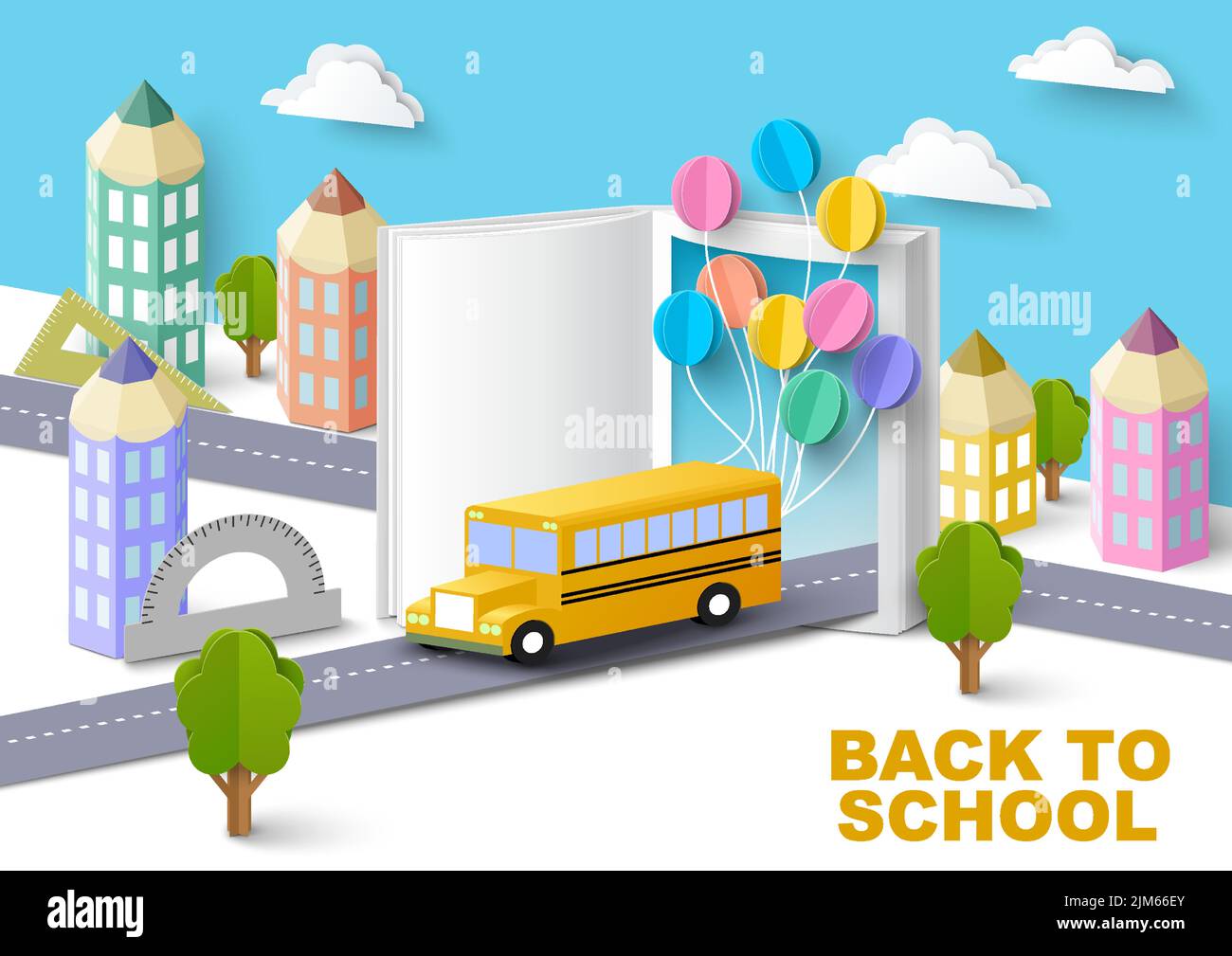 Back to school paper cut craft style vector background. School bus ...