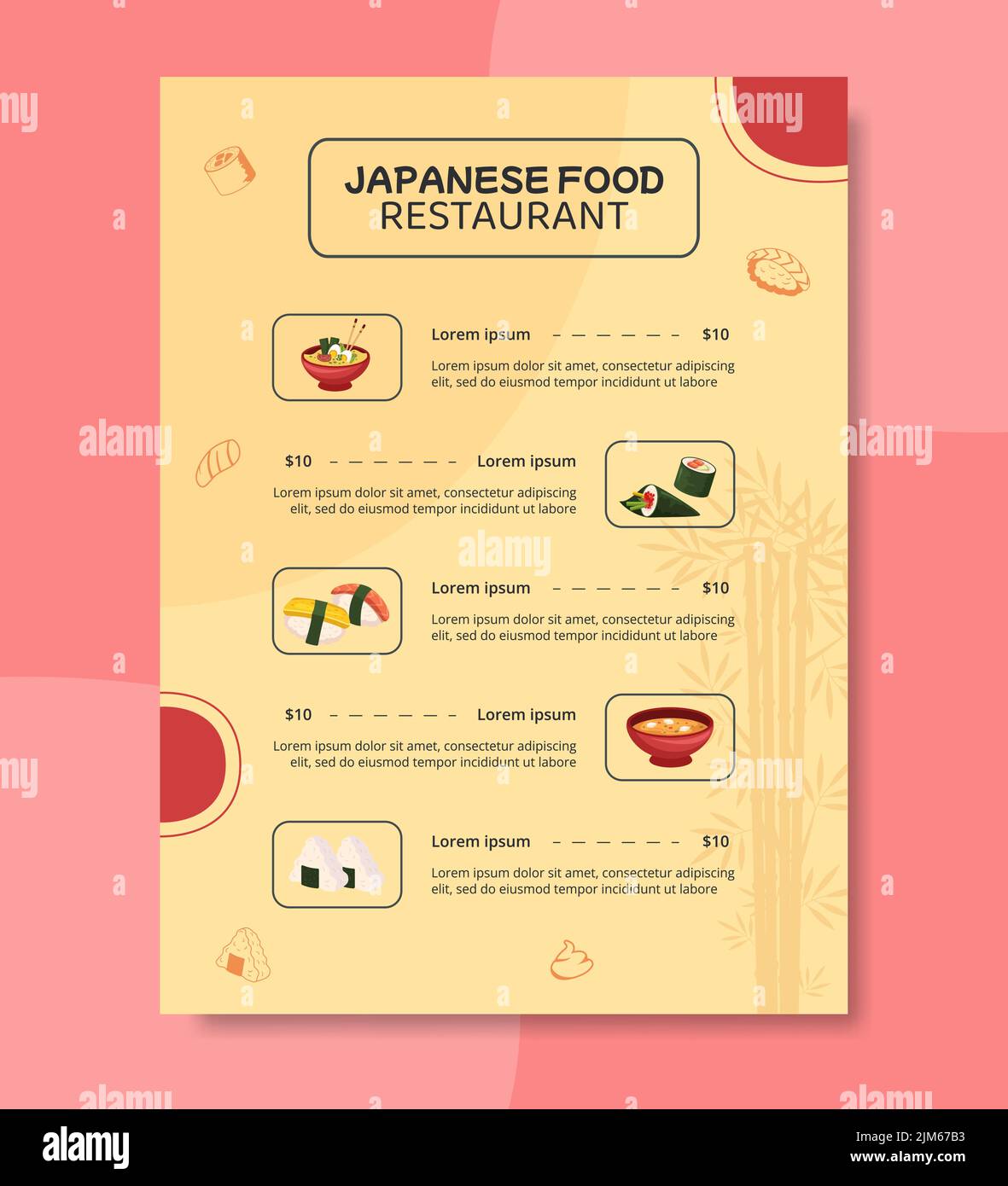 Japanese Food Menu Template Flat Cartoon Background Vector Illustration ...