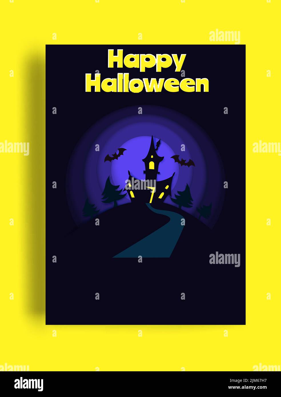 Happy Halloween vector greeting card with spooky castle. Haunted house ...