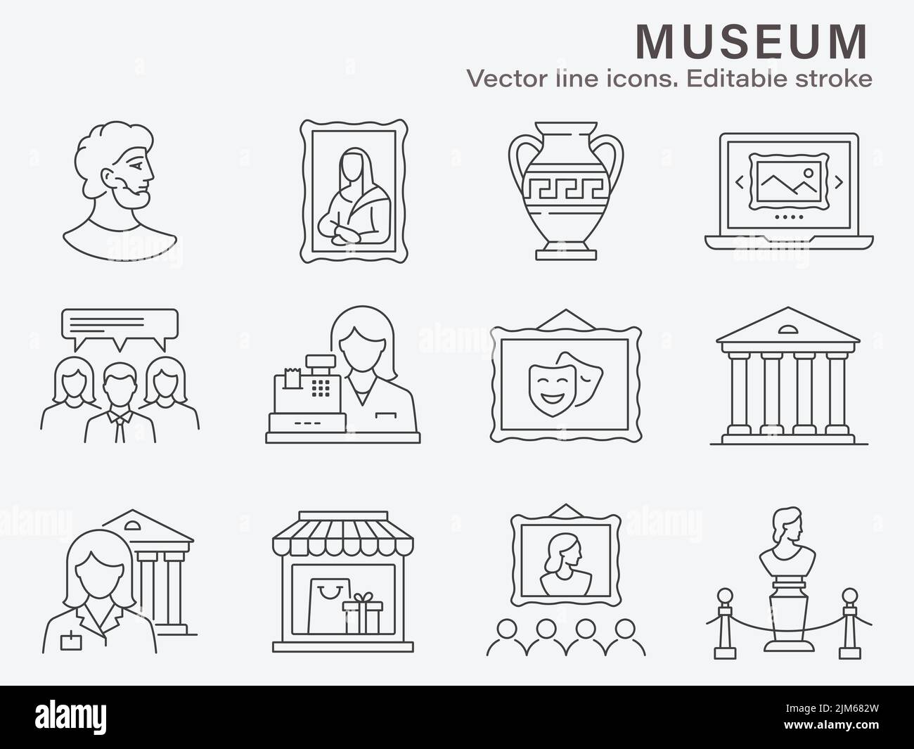 Museum icon set. Collection of sculpture, history, antique, gallery and ...
