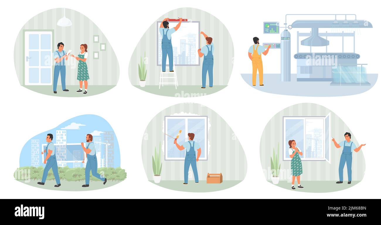 Plastic window installation vector scene set. Home repair service ...