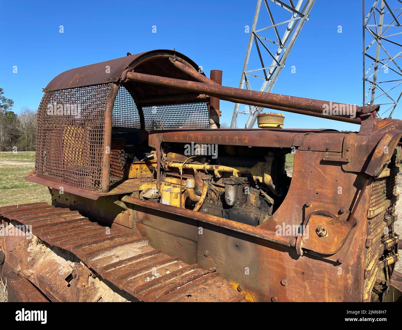 Burke County, Ga USA - 02 10 22: Old abandoned rusted tractor top view ...