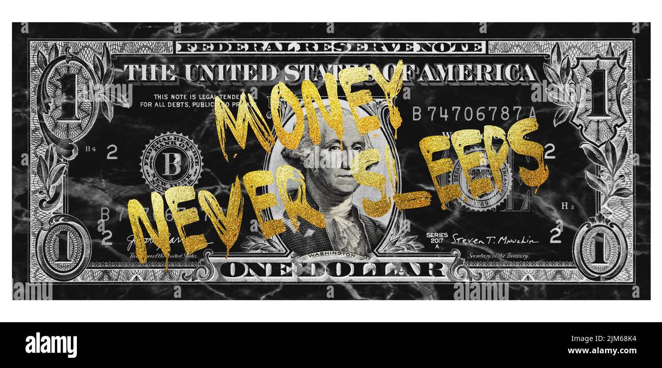 A grayscale design of one dollar with text " money never sleeps " on ...