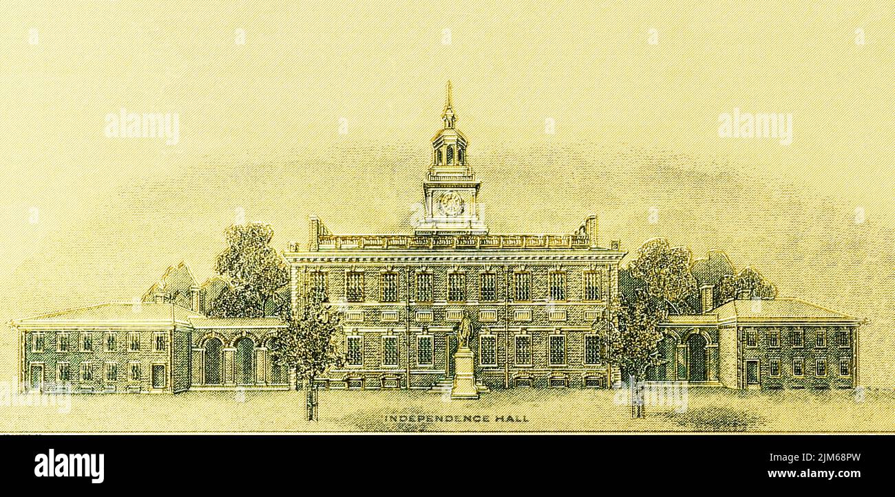 The Independence Hall's design on the back of American dollar banknote ...