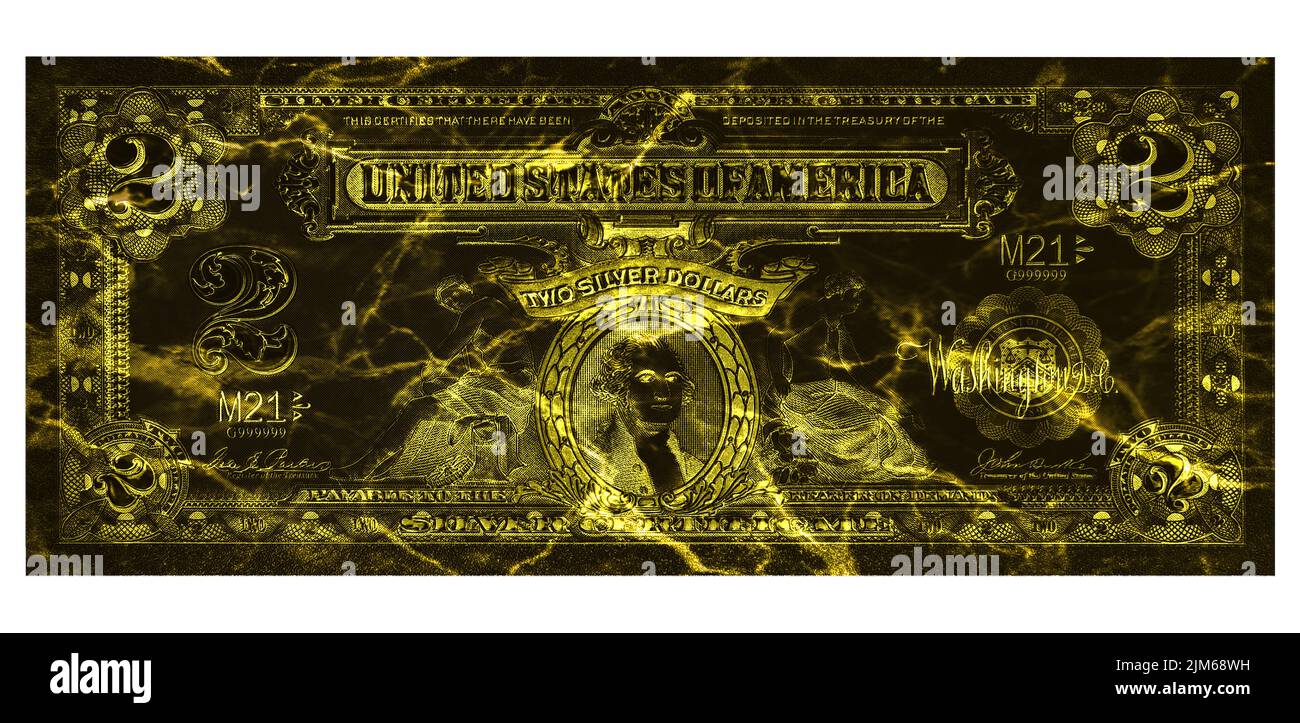 The design of 2 dollars banknote mixed with golden effect on isolated ...