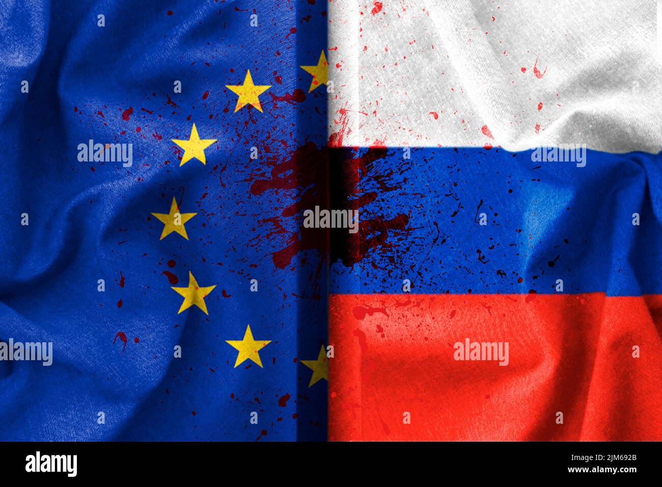 A split illustration of European Union and Russia with blood depicting ...
