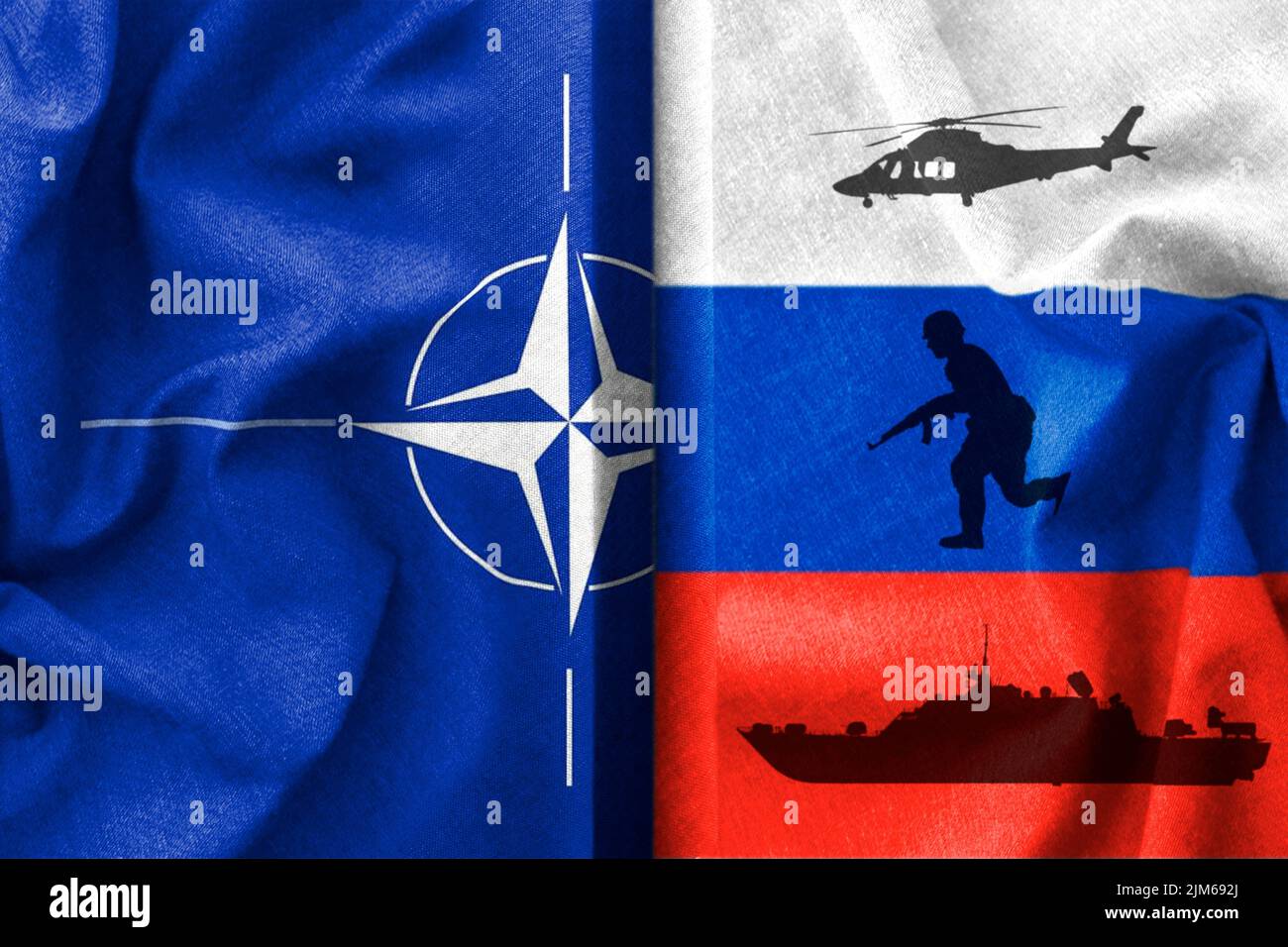 A split illustration of NATO and Russia with military silhouettes ...
