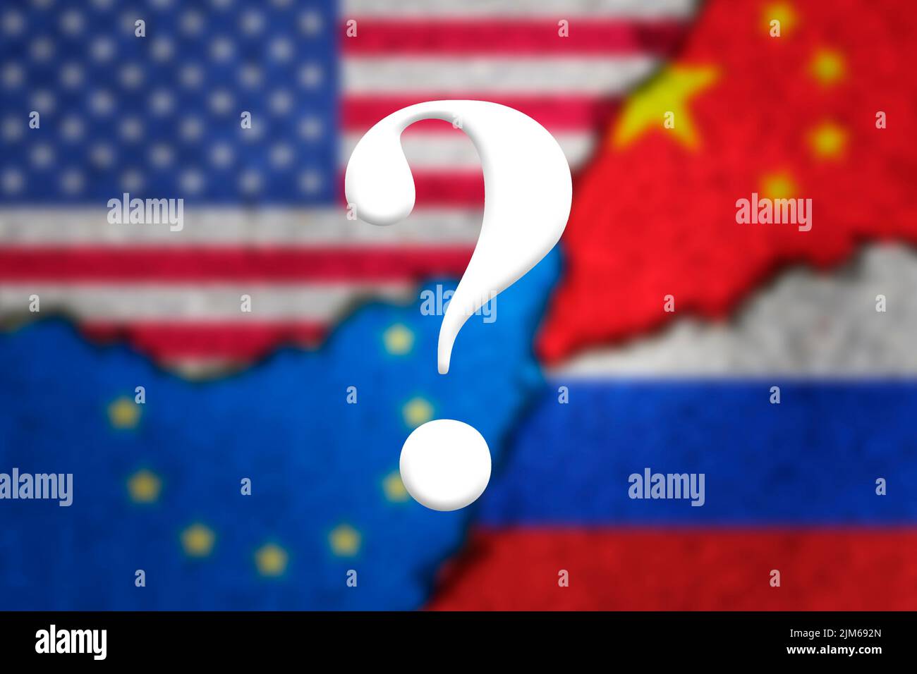 The question mark against the flags of China, Russia, United States ...