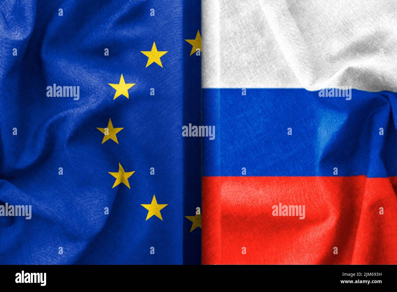 A split illustration of European Union and Russia flags depicting the ...