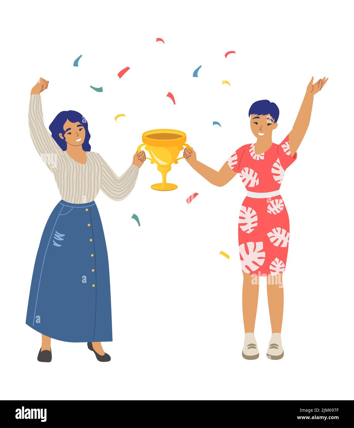 Woman winners vector. Two happy girls with gold trophy cup celebrating ...