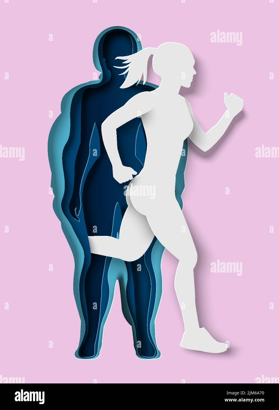 Woman running out of fat body paper cut craft art vector. Weight loss ...