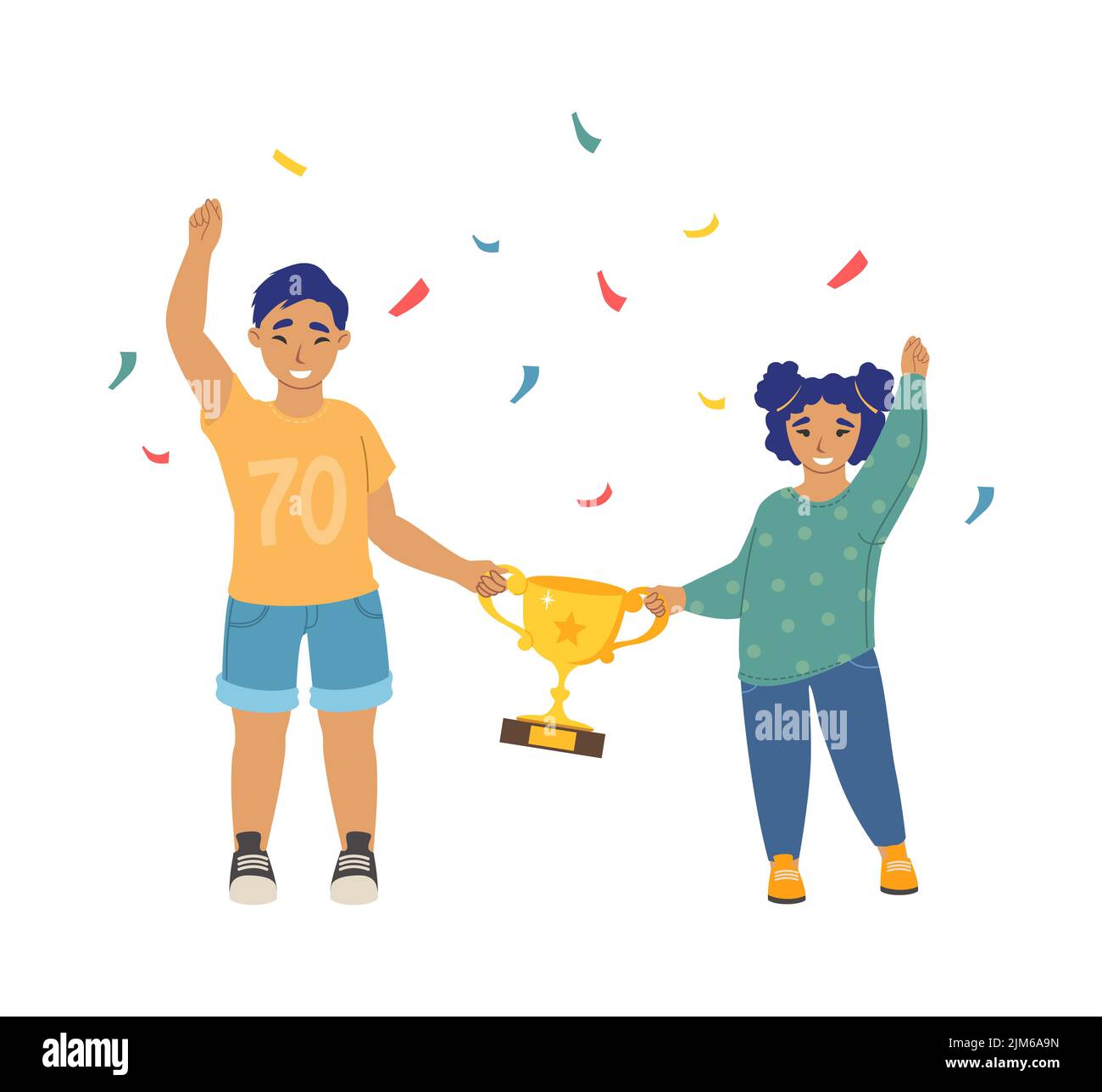 Happy kids winners vector. Little boy and girl celebrating victory ...