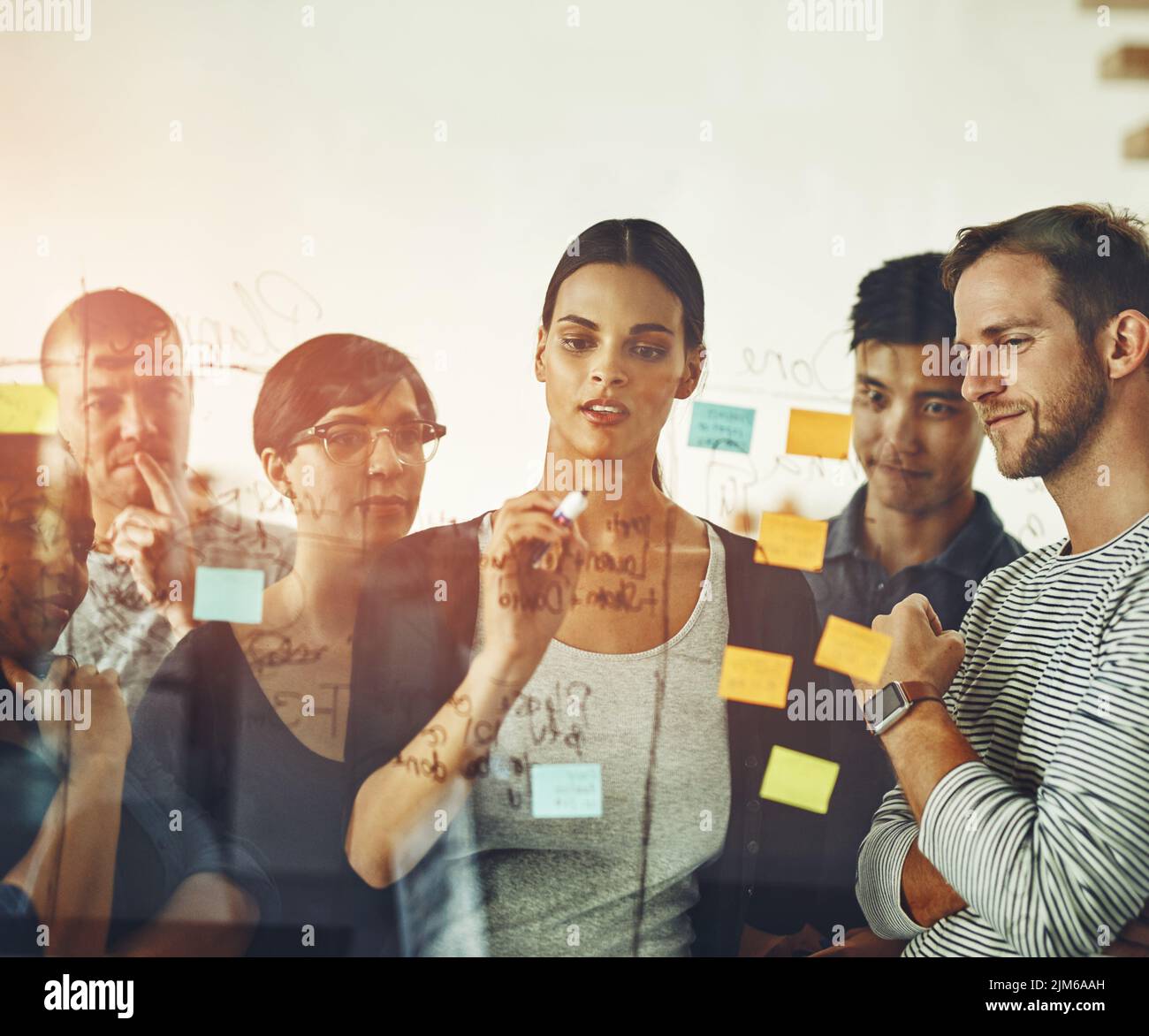 Teamwork, unity and thinking group of business people working on a project together. Discovery ...