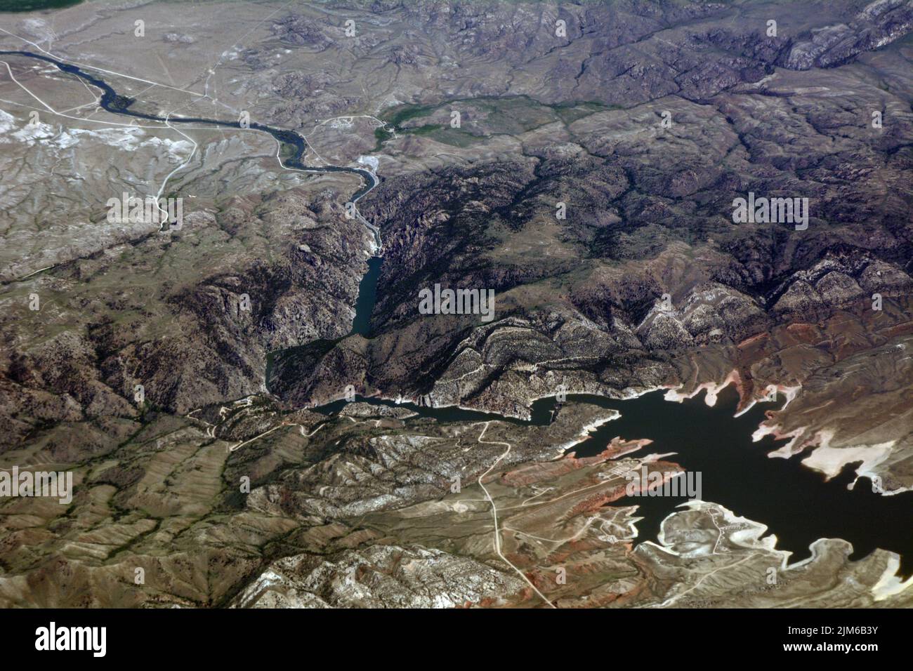 Aerial view of the Seminoe Reservoir of the Platte River in the semi ...