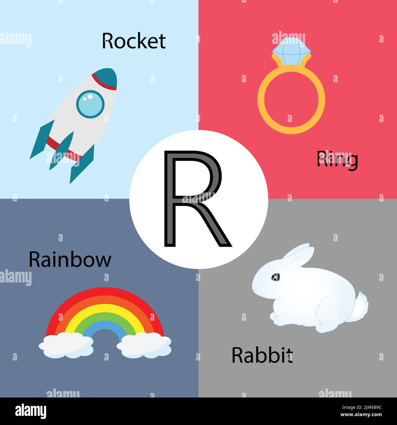 A set of cartoon illustration of English alphabet letter R with ...
