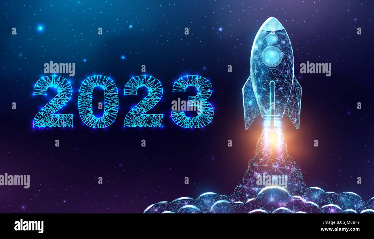 Rocket launch, wireframe polygonal style. 2023 start concept with ...